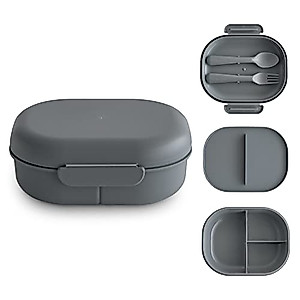 mushie Kids Bento Lunch Box | 3-Compartment & Removable Divider + Fork & Spoon Utensils | Great For Meals, School, Snacks On-the-Go | Dishwasher Safe (Smoke)