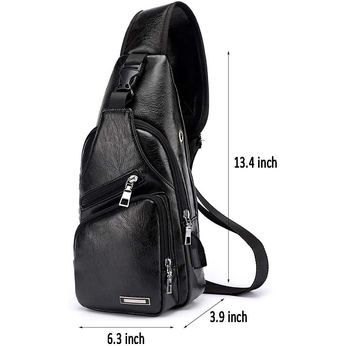 Men's Leather Sling Bag Multipurpose Daypack Shoulder Chest Crossbody Bag Black with USB Charging Port (Black)