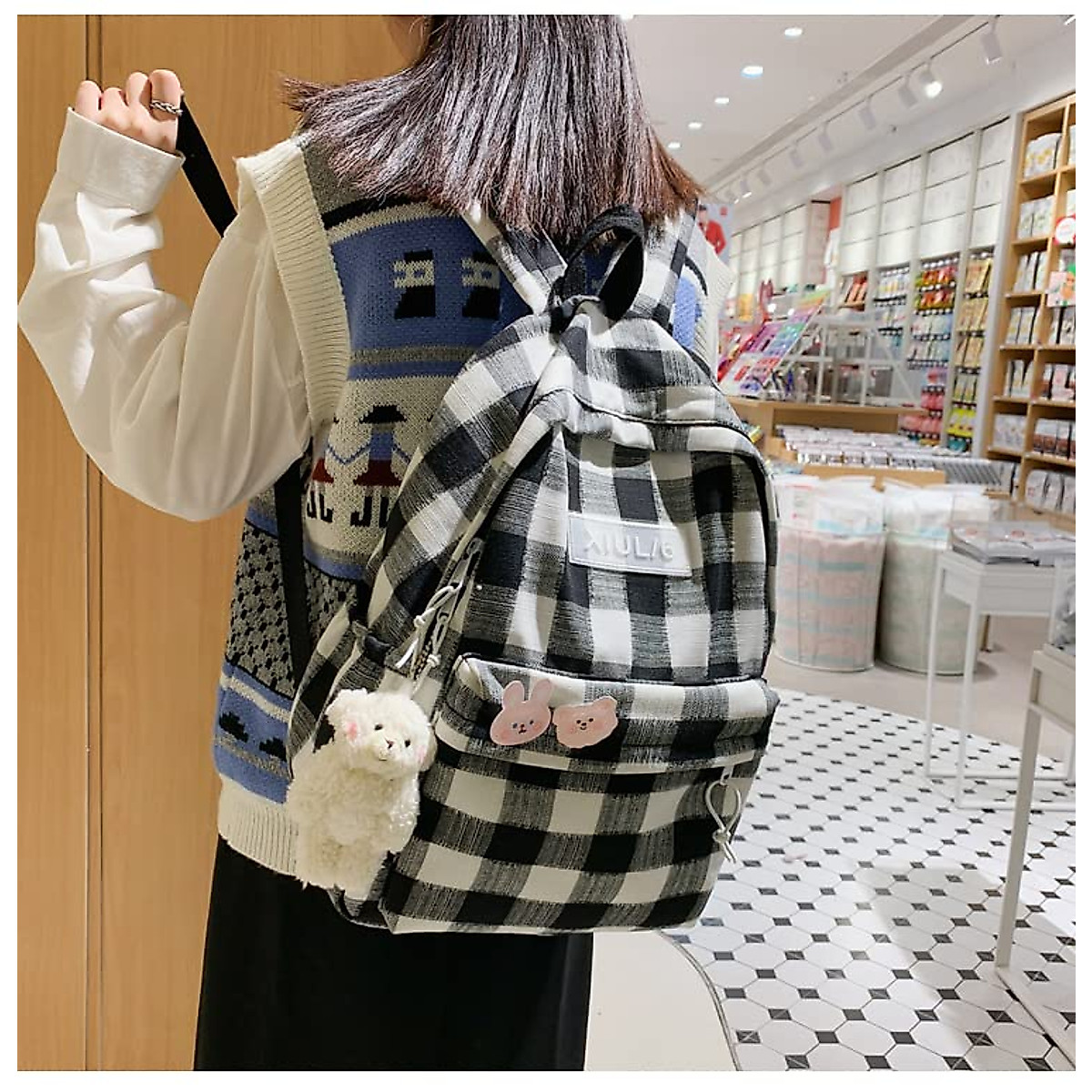 MININAI Plaid Backpack with Kawaii Pins and Pendant Cute Korean Preppy Aesthetic Book Bag Casual Daypack Fit 15.6 Inch Laptop (One Size,Black)