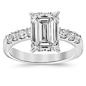 Houston Diamond District 1.5 Ctw Emerald Cut Classic Prong Set Round 14K White Gold Engagement Ring (I-J Color VS1-VS2 Clarity 1 Ct Center)