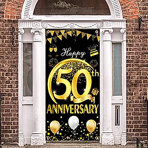 Kauayurk Happy 50th Anniversary Door Banner Backdrop Decorations, Large 50th Wedding Anniversary Door Cover Party Sign Supplies, Black Gold Happy 50th Anniversary Poster Decor