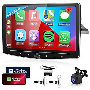 2G+32G Android 10 inch Single Din Car Stereo with Wireless Apple Carplay, Adjustable Touch Screen Bluetooth Car Radio Audio with GPS Navigation Android Auto WiFi USB FM HiFi + Backup Camera