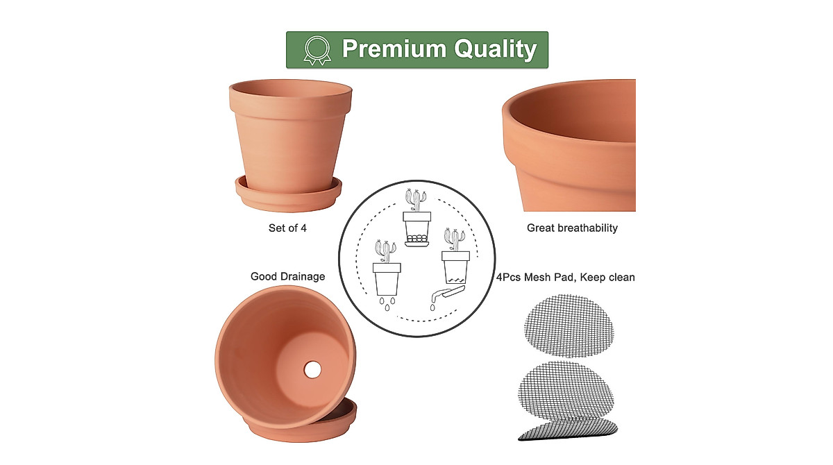 6 Inch Clay Plant Pots with Saucer - Indoor Outdoor Terracotta Planters