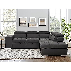 FULife 105" w L-Shaped Modular Reversible Sectional Corner Sofa with Pull Out Sleeper Bed,Adjustable Headrest,Storage Ottoman and 2 Stools,Multi-Functional Convertible Upholstered 5-Seat Sofá&Couch