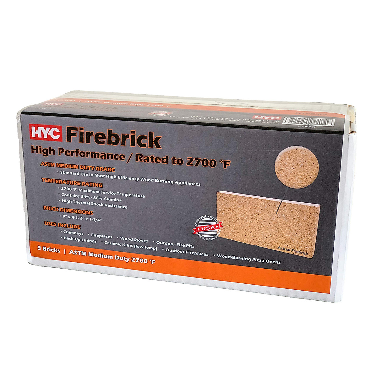 HY-C HTFB-R3 Medium-Duty Firebricks, 9" x 4-1/2" x 1-1/4", 3 per Box, Light Brown