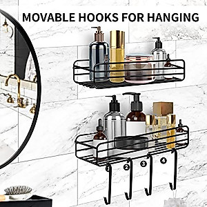 Go Green Tableware GOGN Adhesive Shower Caddy Shelf with 4 Hooks, No Drilling Bathroom Organizer Storage Rack for Restroom, Kitchen- 2 Pack (Black)