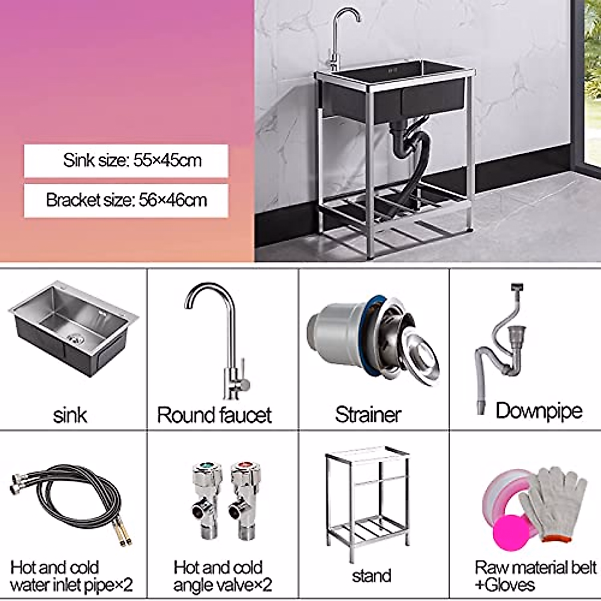 EMENG Commercial Sink with Faucet Stainless Steel Catering Sink Multifunctional Kitchen Wash Sink, Removable Storage Shelf, 2.0mm Thick, 56×46×75cm