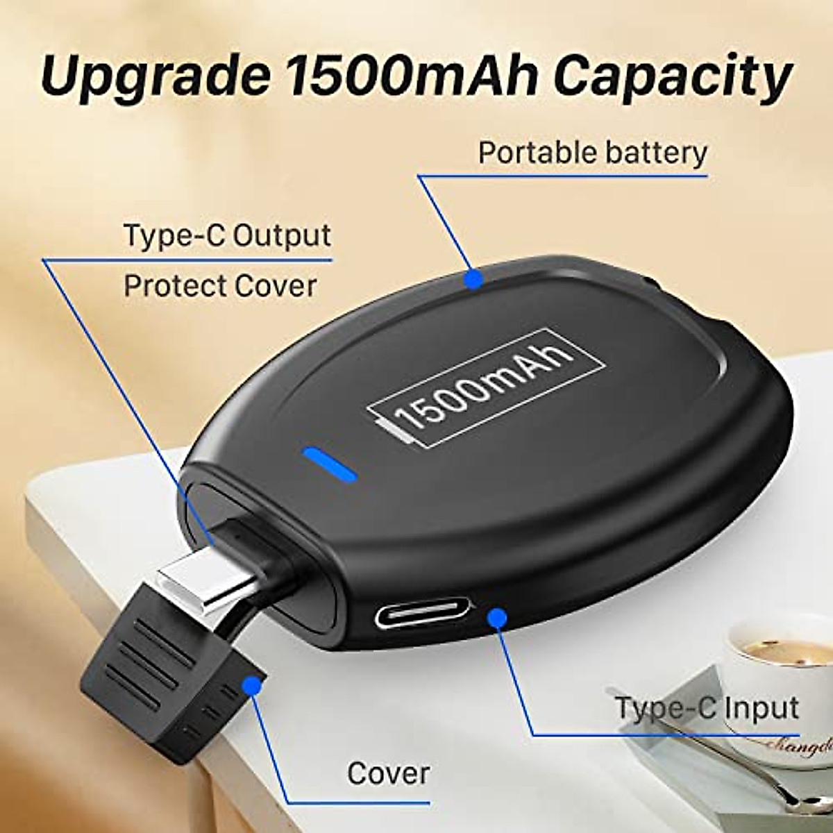 HUAENG Mini Keychain Portable Charger Power Bank Built in USB-C Connector,Emergency 1500mAh Power Pod Compatible with Samsung Galaxy S22, S21, S20, S10, Pixel, Moto, LG, Type-C Android Phones-Black