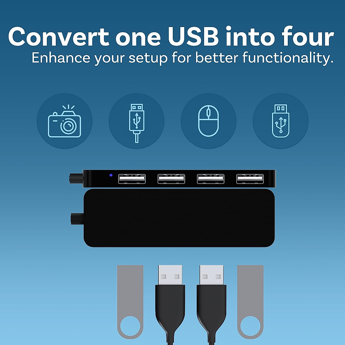 MMOBIEL 4-Port USB Data Hub Compatible with MacBook, iMac, Laptop, Windows, Linux and More - USB Splitter Computer - Ultra Slim USB 2.0 Data Hub - Portable USB Adapter - Black