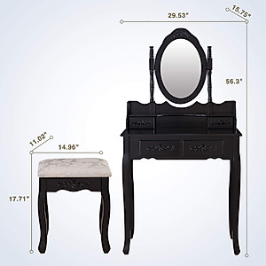 mecor Vanity Table Set/Oval Mirror,Wood Makeup Table w/4 Drawer Storage,Bedroom Dressing Table with Cushioned Stool for Girls Women Black