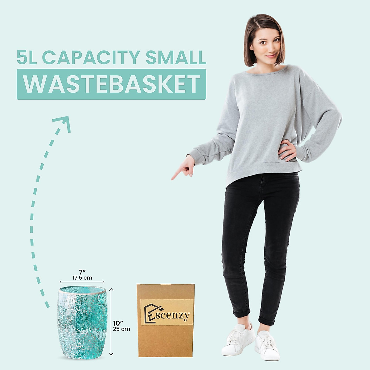 Escenzy Modern Bathroom Trash Can Mosaic Glass 5L | 7" x 10" | Decorative Small Garbage Can | Luxury Waste Basket for Bathroom, Office, Bedroom & Kitchen | Shiny Turquoise Green Bathroom Accessories