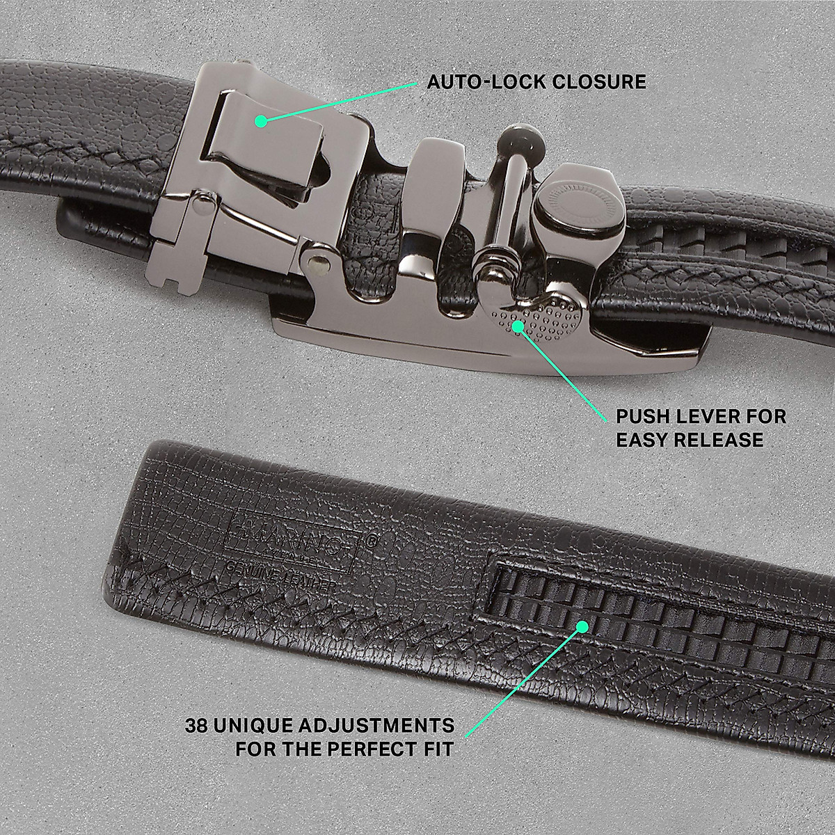 Mio Marino Classic Ratchet Belt - Premium Leather - 1.38 Wide - Adjustable Buckle - Matrix - Jet Black - Adjustable from 28" to 44" Waist