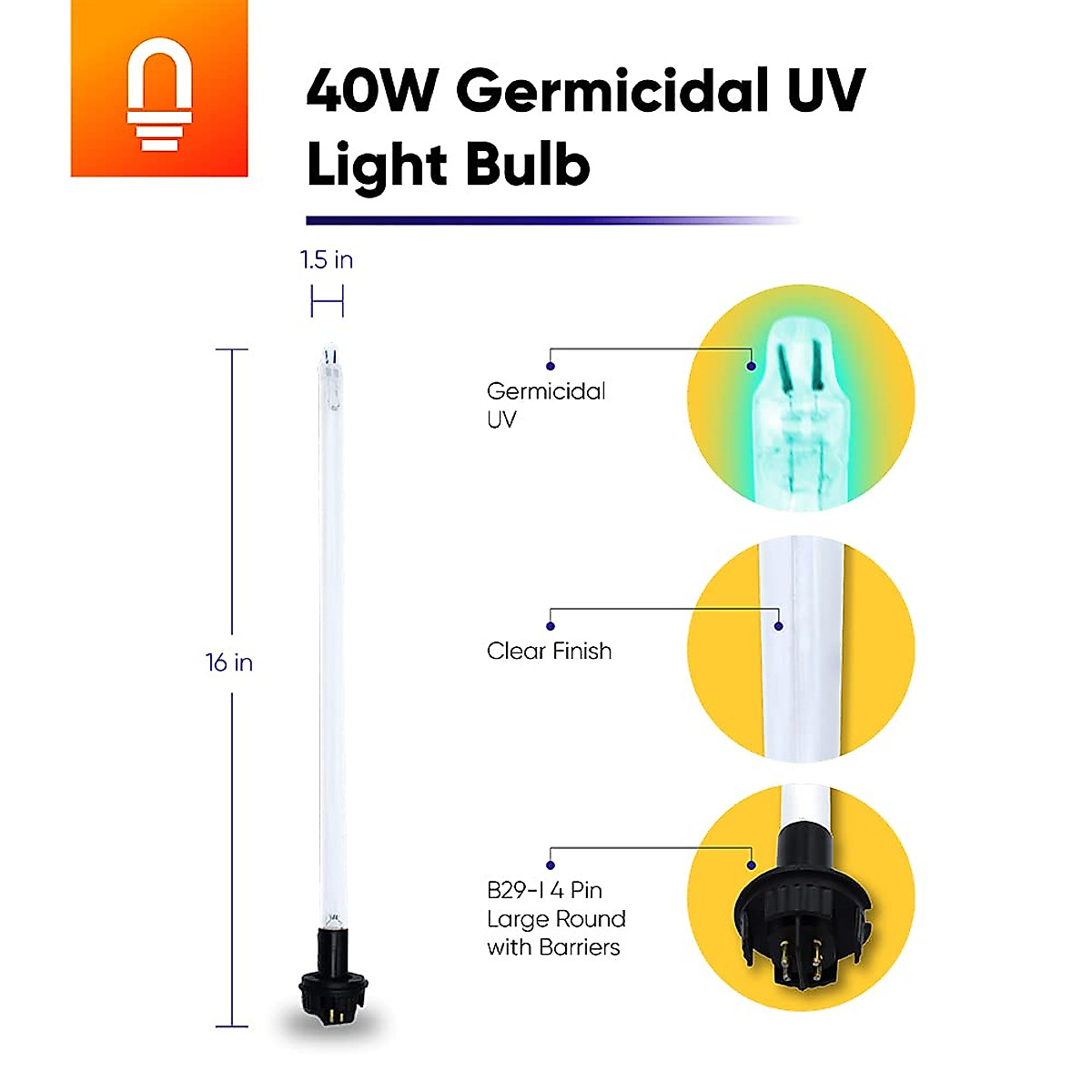 lumenivo UV Lamp 602805 for Viqua/Trojan Max C D D4 Systems 40 Watt UV Replacement Bulb - Germicidal UV Light Bulb Low Ozone with B29-I 4 Pin Large Round with Barriers - 1 Pack