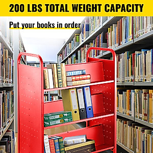 VEVOR Book Cart, 200lbs Library Cart, 35x19x49 Inch Rolling Book Cart Double Sided W-Shaped Sloped Shelves with 4-Inch Lockable Wheels for Home Shelves Office and School Book Truck in Red