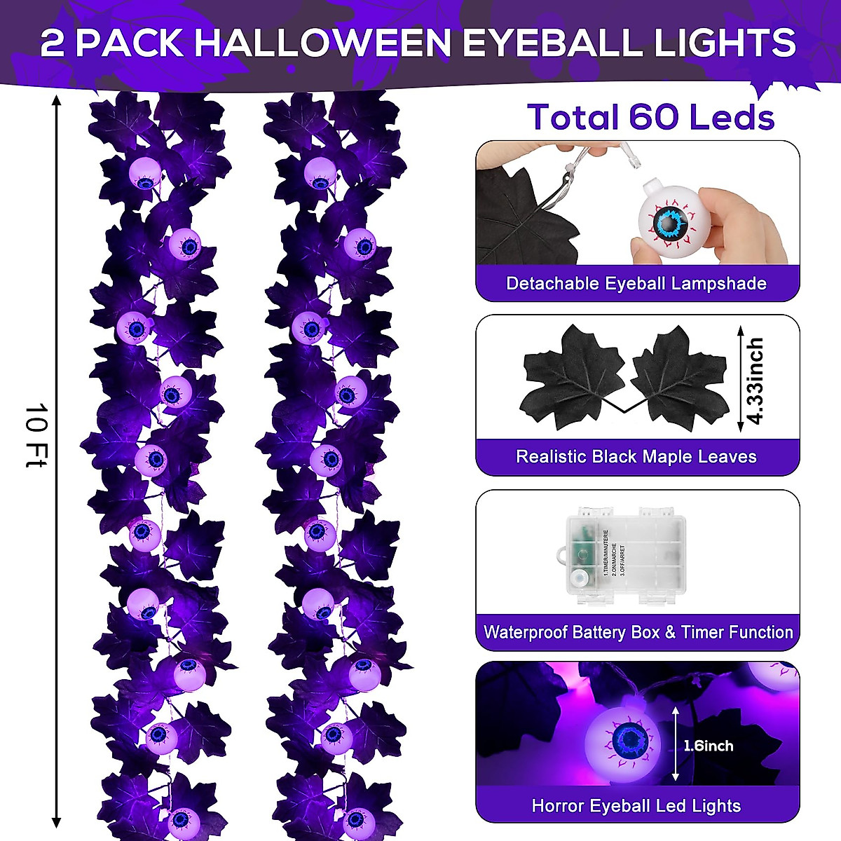 Ouddy Decor 2 Pack Lighted Halloween Garland, Total 20 FT 60 LED Black Maple Leaves Garland with Eyeballs Lights Waterproof Timer Battery Operated for Indoor Outdoor Home Halloween Decorations, Purple