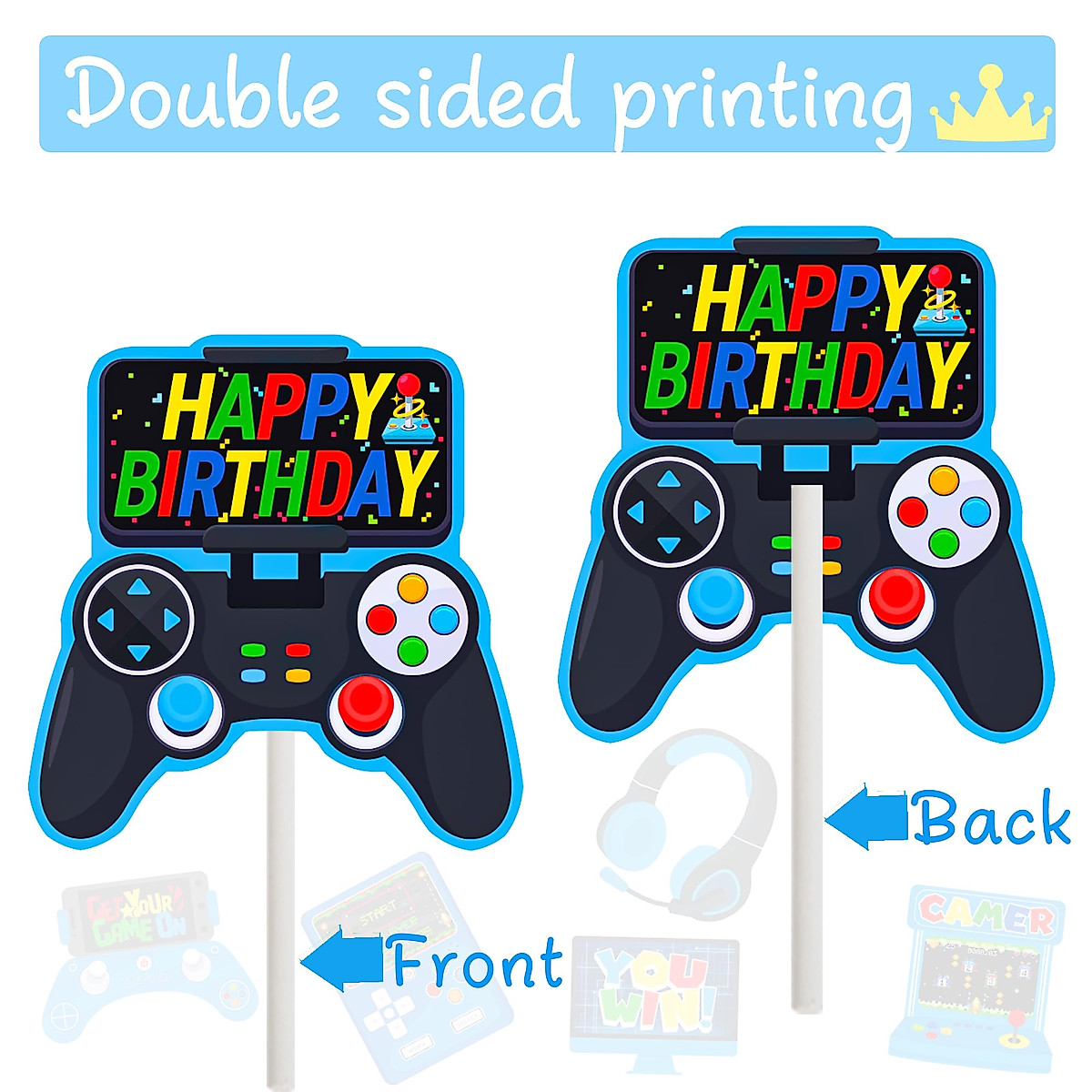 Video Game Cupcake Toppers 36pcs Game Party Cupcake Picks Game On Controllers Cake Picks Gamepad Birthday Party Decoration for Game Theme Baby Shower Supplies(Blue)