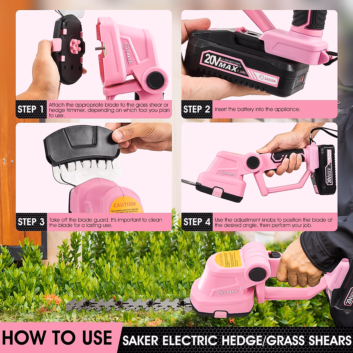 Saker Cordless Hedge Trimmer-20V Electric Shrub Trimmer Grass Shears Handheld Grass Cutter, Hedge Shear with 2 PCS Rechargeable Battery and Charger for Garden, Lawn(Pink)