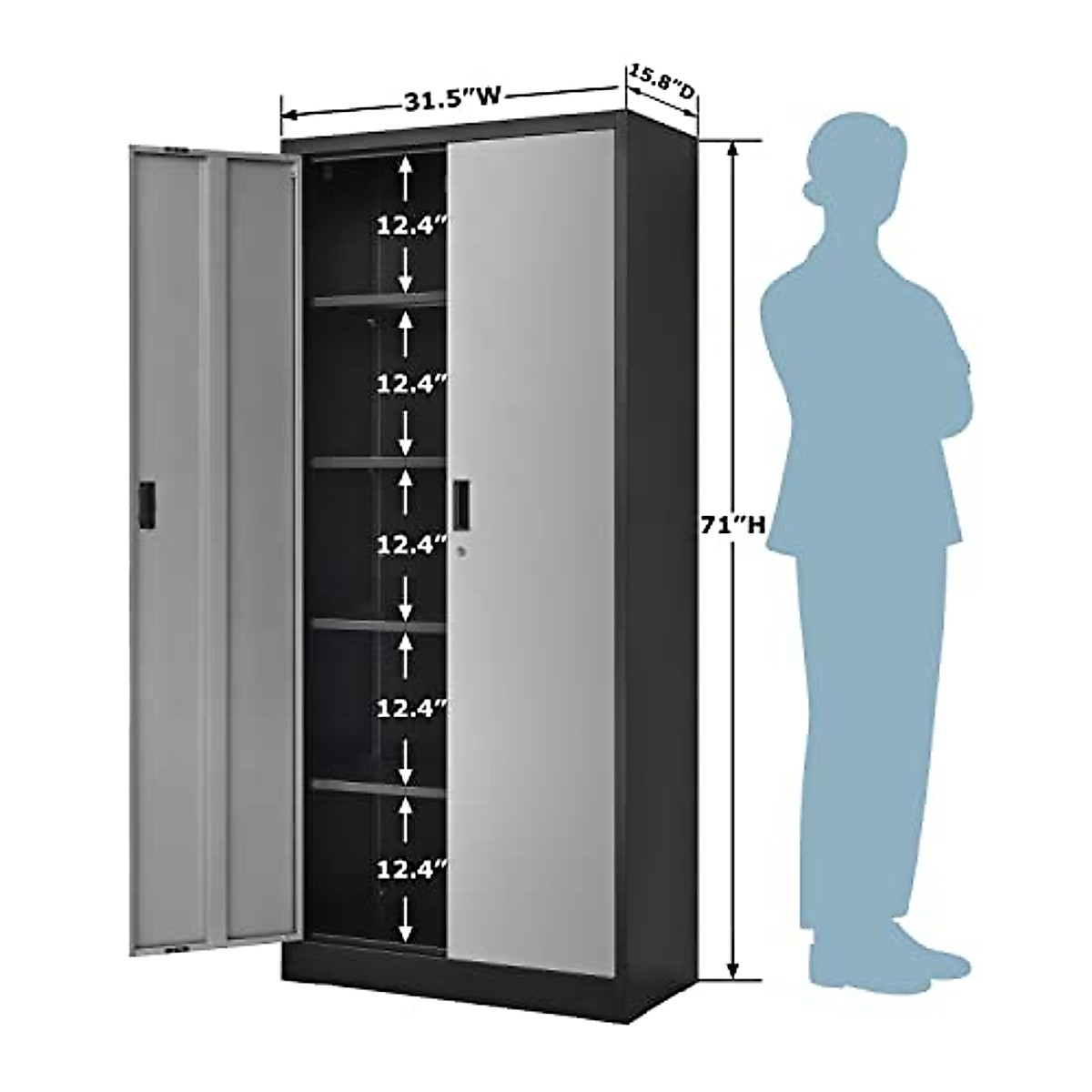 YEEZER Metal Garage Storage Cabinet - 71" Steel Lockable File Cabinet with 2 Doors and 4 Adjustable Shelves. Locking Cabinet for Home, Office, Garage, Gym, School