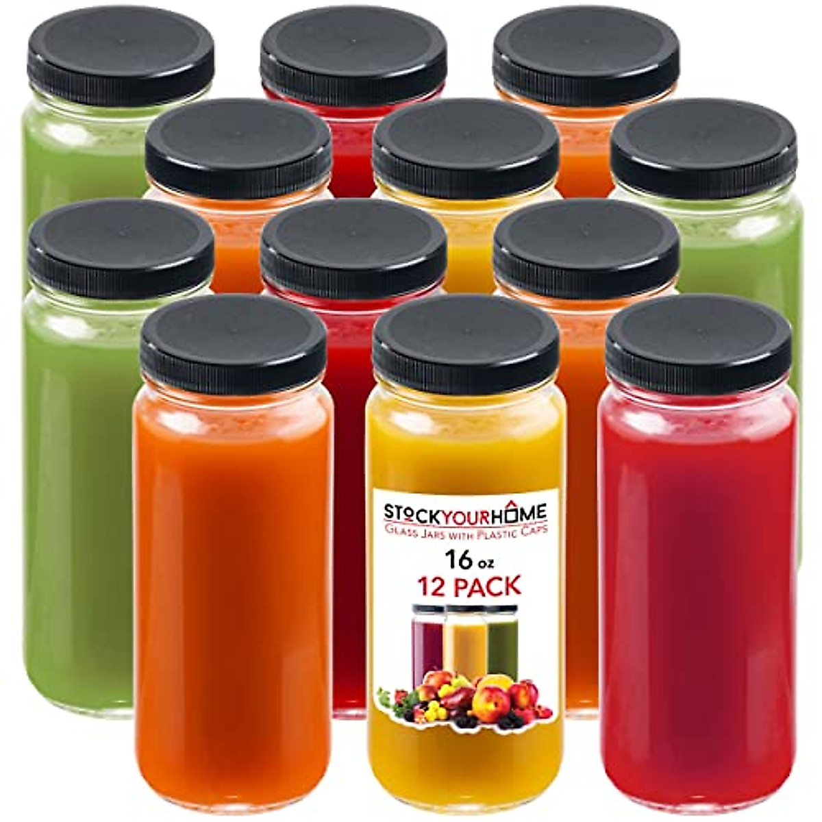 16 oz Glass Jars with Plastic Caps (12 Pack) - Reusable Food Grade Glass Bottles - Dishwasher Safe - Leak-Proof Lids - Travel Bottle for Smoothies & Juicing, Shakes, Milk, Honey - Stock Your Home