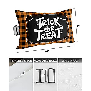 Recliner Head Pillow Ledge Loungers Chair Pillows with Insert Trick or Treat Pumpkin on Buffalo Plaid Lumbar Pillow with Adjustable Strap Outdoor Waterproof Patio Pillows for Beach Pool, 2 PCS