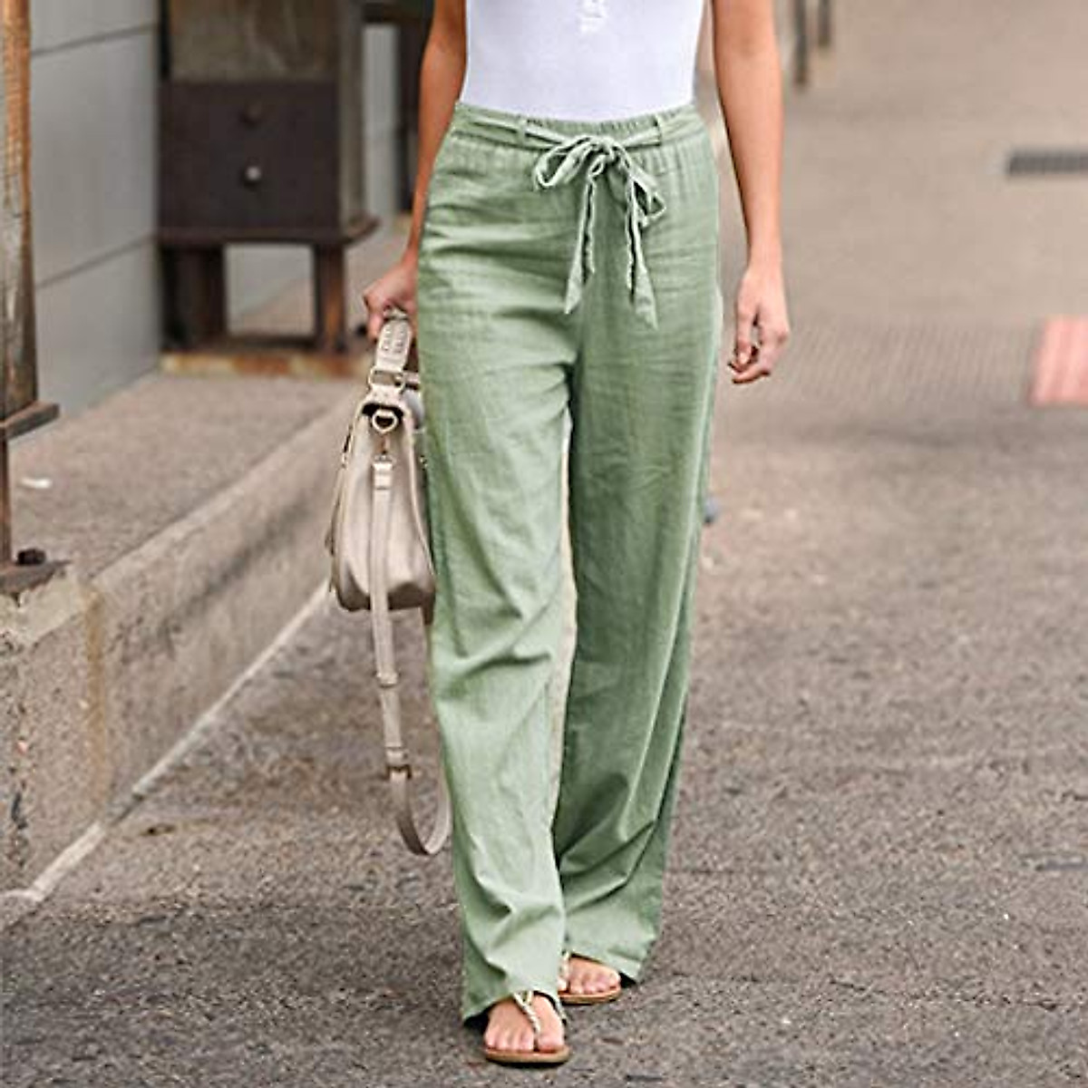 Yoga Pants Women Straight Leg Cotton Linen Sweatpants Waistband Elastic Solid Color Long Loose Bottom Trousers for Women Work (Green, XL) Same Day Delivery Items Prime GiftsGifts Under Five Dollars