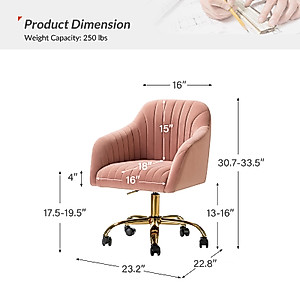 HULALA HOME Modern Velvet Home Office Desk Chair with Gold Base & Channel Back, Upholstered Swivel Computer Task Chair for Bedroom, Height Adjustable Cute Vanity Chair for Women Girls, Pink