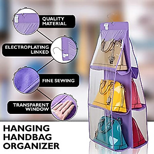 Express Living Closet Purse Organizer Storage, Hanging Handbag Organizer Foldable Dustproof Breathable Women Purse Hanger for Family Wardrobe Bedroom Closet Office 6 Pockets (46 x 15cm) Purple