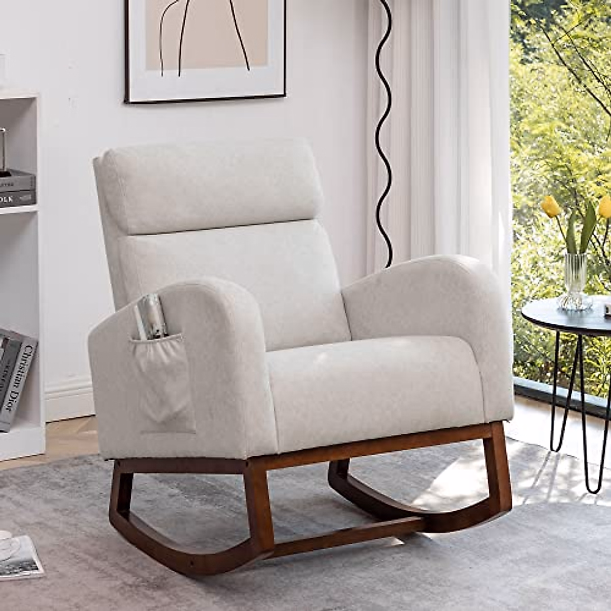 Andeworld Rocking Chair Nursery,Living Room Accent Glider Chair,Upholstered High-Back Armchair for Baby Nursery,Faux Suede Comfy Side Chair for Living Room,Bedroom,Beige