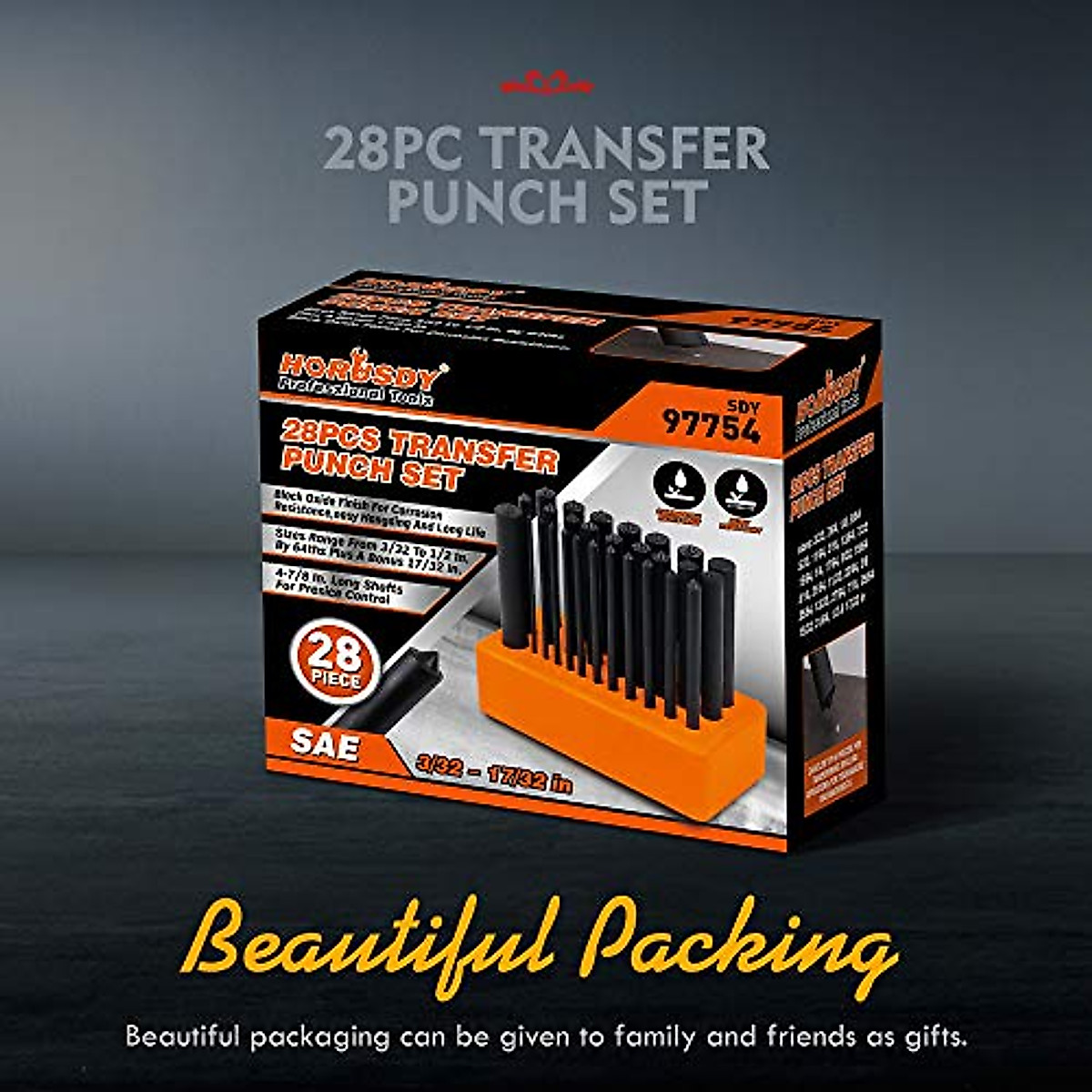 HORUSDY 28-Piece Transfer Punch Set, 3/32" - 1/2", Heat Treated Alloy Steel Forging