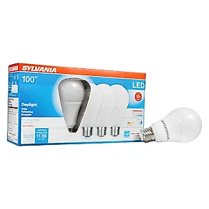 SYLVANIA LED A19 Light Bulb, 100W Equivalent, Efficient 16W, Dimmable, 1600 Lumens, Frosted, 5000K, Daylight - 4 Pack (40739)