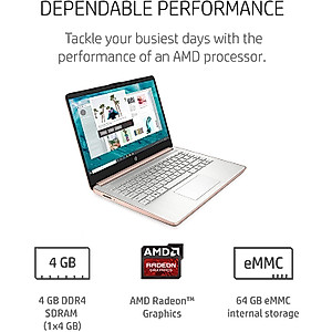 HP - 14-fq0060nr 14 Laptop, AMD 3020e, 4 GB RAM, 64 GB eMMC Storage, 14-inch HD Touchscreen, Windows 10 Home in S Mode, Long Battery Life, Microsoft 365, (14-fq0060nr, 2020) Pale Rose Gold