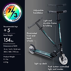 Yvolution Neon Flash Foldable Kids Scooter with Light up Wheels, Easy Folding Scooter with 2 Light up Wheels and and Rear Brake, Adjustable Height LED Scooer, Dynamic Lights Kick Scooter for Kids 5+