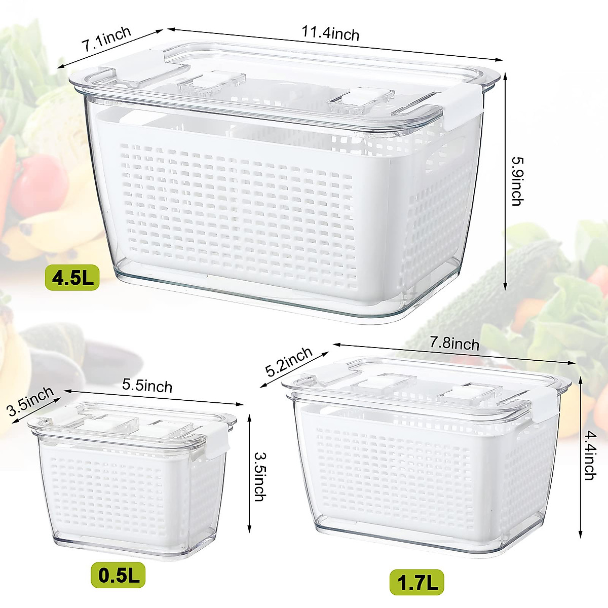 Zopeal 6 Pack Fruit Storage Containers for Fridge Produce Saver Containers for Refrigerator Fruit Containers for Fridge Keep Fresh with Lids Colander and Dividers for Salad Berry Vegetable (White)