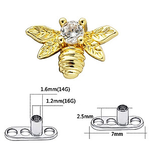 Excepro 1Pcs Dermal Anchor G23 Titanium Multicolor Plated Bees CZ Body Jewelry Anchor Dermal Tops (Yellow gold plated)