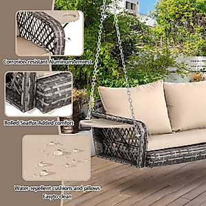 LETATA 3-Person Porch Swing 63in Wicker Hanging Swing Bench with Cushions Cupholders Swing Chair with Adjustable Chains Heavy Duty 660lbs for Deck Garden Backyard