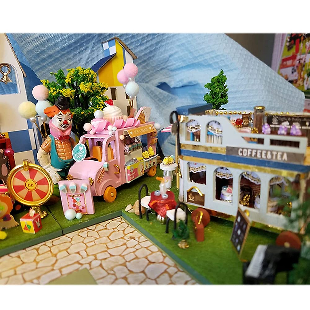 WYD 6pcs DIY Mini Car Train Shop House Combined Bus Shop Street Model 3D Wooden Miniature Dollhouse Kit with LED Lights and Furniture Kits (6PCS Car) for Friends