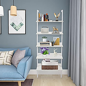 ACLULION 5 Tier Wall Mounted Ladder Shelves, Industrial Ladder Bookcase with Metal Frame and Wood Shelf, Modern Learning Bookshelf for Living Room, Bedroom, Office (24" W x 12" D x 71" H, White)