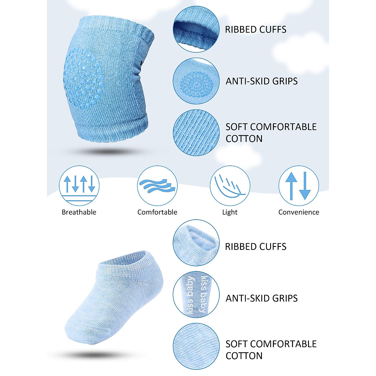 SATINIOR 8 Pairs Crawling Knee Pad Non-Slip Socks Set Knee Protector Toddler Leg Warmer Unisex Soft Cotton Socks for Baby Toddler (Green, Light Gray, Blue and Dark Blue), Medium