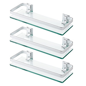 KES Glass Shelf for Bathroom, Glass Bathroom Shelf Floating Glass Shelf for Wall Aluminum Extra Thick 8MM Tempered Glass Shelf 3 Pack 1 Tier Rectangular Wall Mount Silver,A4126A-P3
