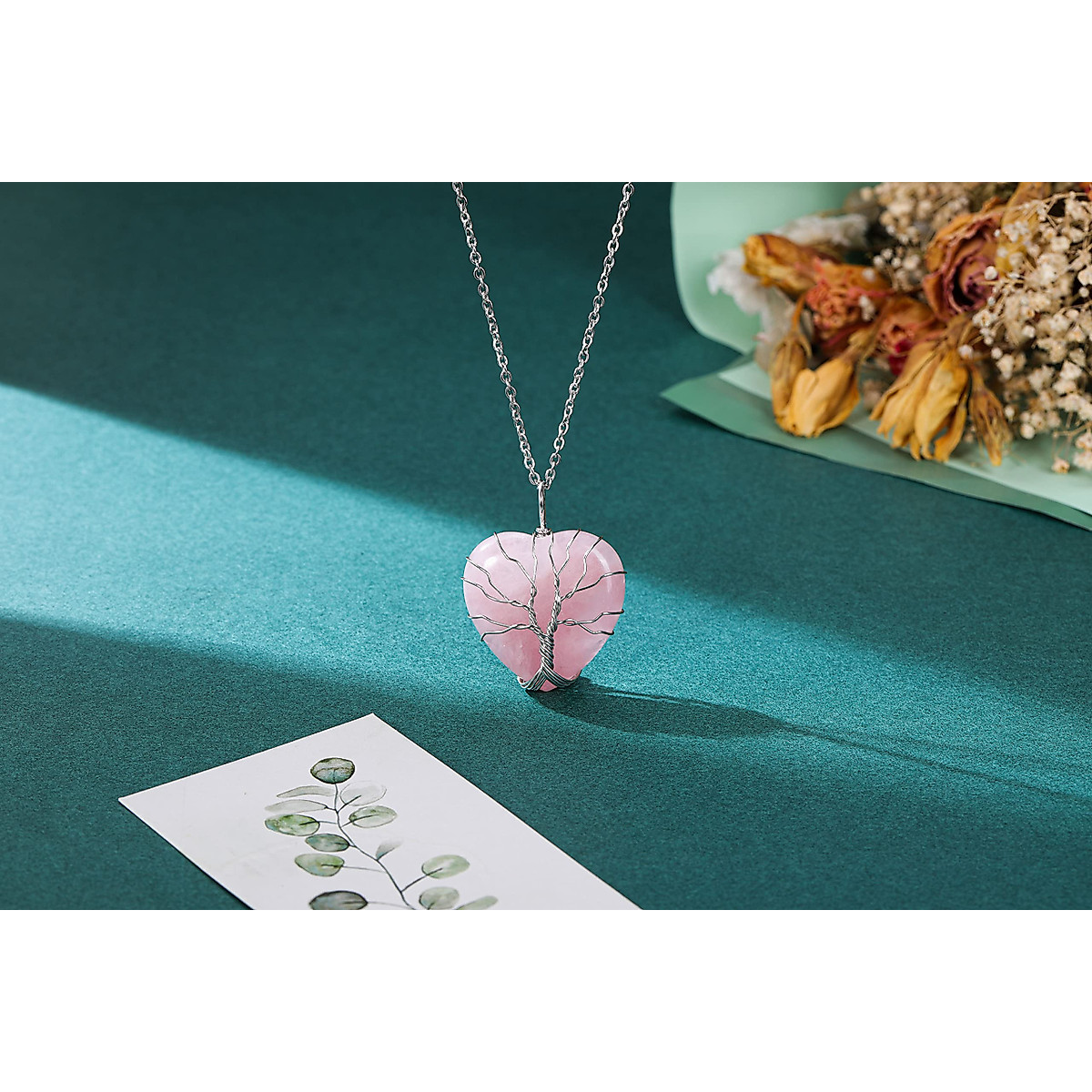 Top Plaza Natural Rose Quartz Healing Crystal Necklace Silver Life Tree Wire Wrapped Heart Shape Stone Pendant for Women Ladies Mothers Day Gifts
