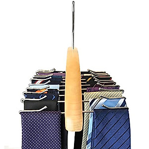 HANGERWORLD Hanging Tie Holder Organizer Rack - Premium Wooden Tie Hanger with 24 Folding Accessory Hooks for Closet Space Saving