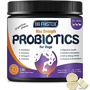 Probiotics for Dogs, Freeze-Dried Dog Probiotics and Digestive Enzymes, Plus Omega-3 for Itchy Skin, 3-in-1 Prebiotics for Digestive Health, Dog Vitamins and Supplements for Immune Health, 120 Bites