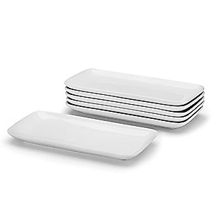 Miicol 9 Inch Rectangle Serving Platter, White Ceramic Rectangular Plates for Party Food, Appetizer Dessert Cake Sushi, Set of 6, No-spilling and Stackable, Dishwasher Microwave & Oven Safe