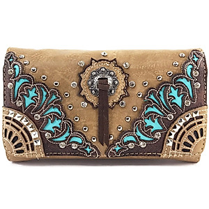 Zelris Autumn West Fringe Concho Women Crossbody Wrist Trifold Wallet (Tan)