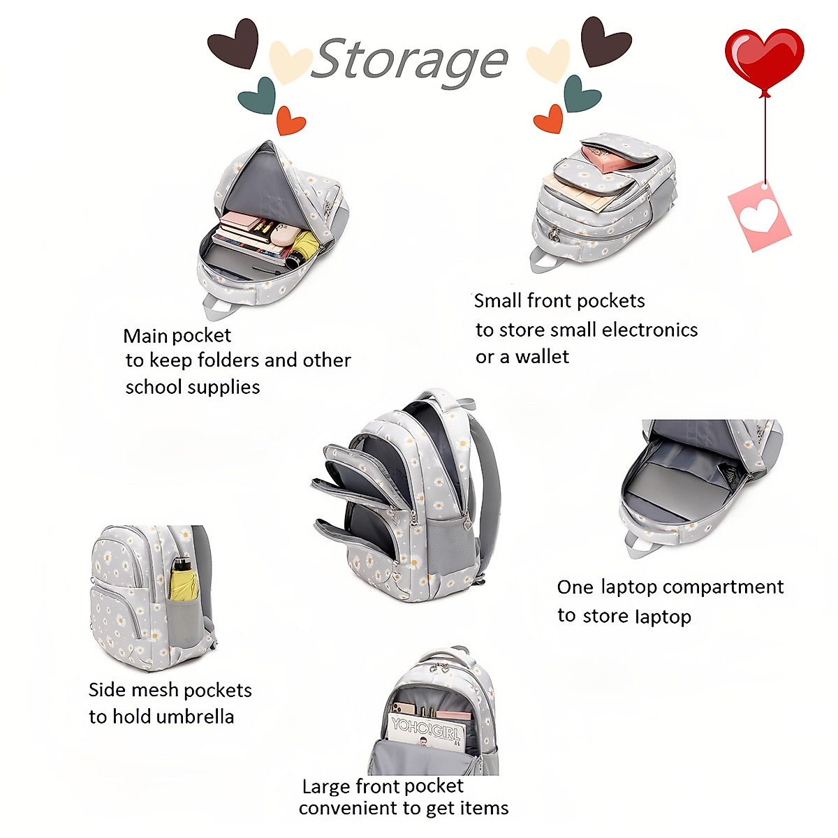 Daisy-Print 3Pcs School Bag Backpack Set for Teen Girls Elementary Middle Kids Waterproof Bookbag with Lunch Bag Pencil Case