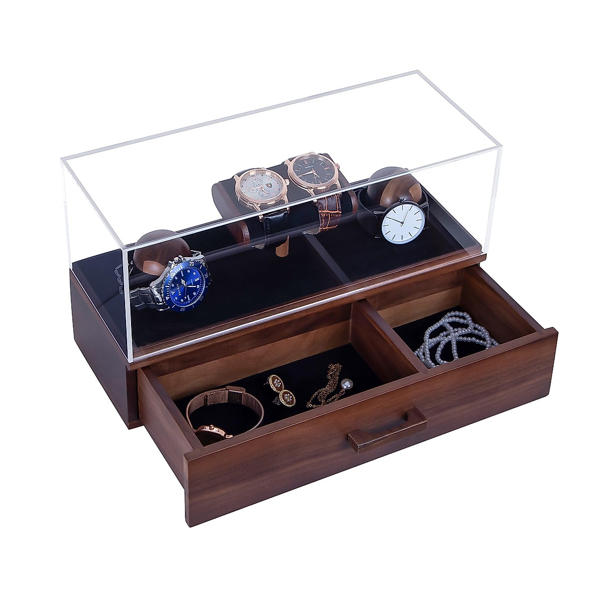 LOCDION Mens Watch Case Jewelry Box, Walnut Wood Watch Box Organizer with Drawer, Wooden Watch Holder Organizer for Men, Ideal Watch Display Case Gift for Father Husband Fiance Man Gifts for Father