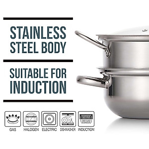 Jovely Dio Bacco 10.6"(27cm) Stainless Steel Steamer Pot Set for Cooking with 14"(35cm) Reusable Natural Pure Round Cotton Steamer Liner, 2 Quart Steamer Insert and Glass Vented Lid - 3 Piece Pack