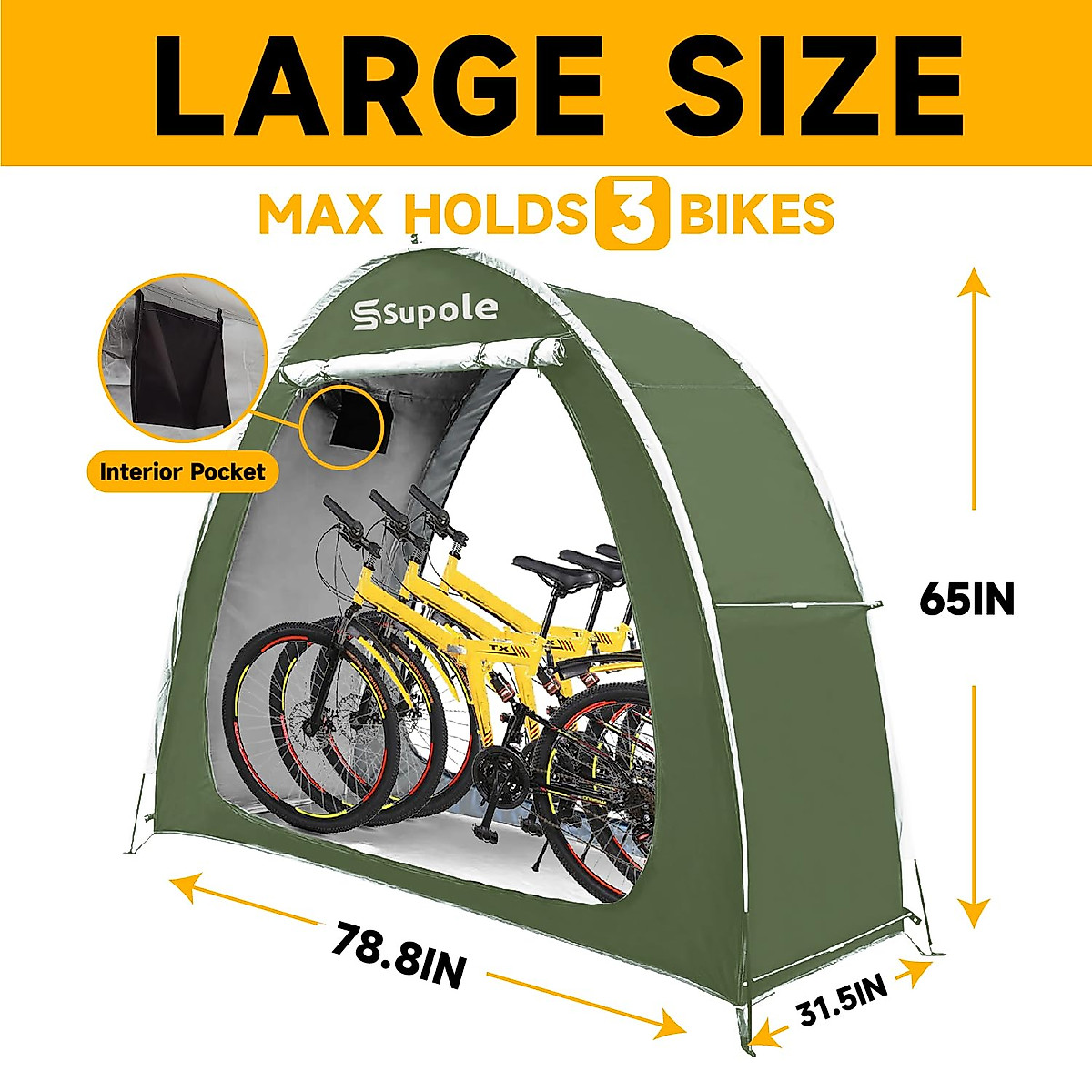 Supole Outdoor 2 to 3 Bike Storage Tent, 78.8 x 31.5 x 65 in Bicycle Shed, Extra Thick 210D Silver-Plated Oxford PU4000 Waterproof, Double Side Opening Portable Bikes Cover for Home Garden, Green