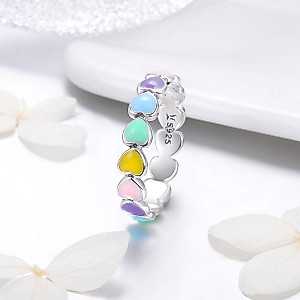 Qings 925 Sterling Silver Endless Love Heart Ring Rainbow Heart Color Heart to Heart Exquisite Fashion Ring as a Gift for Girlfriend