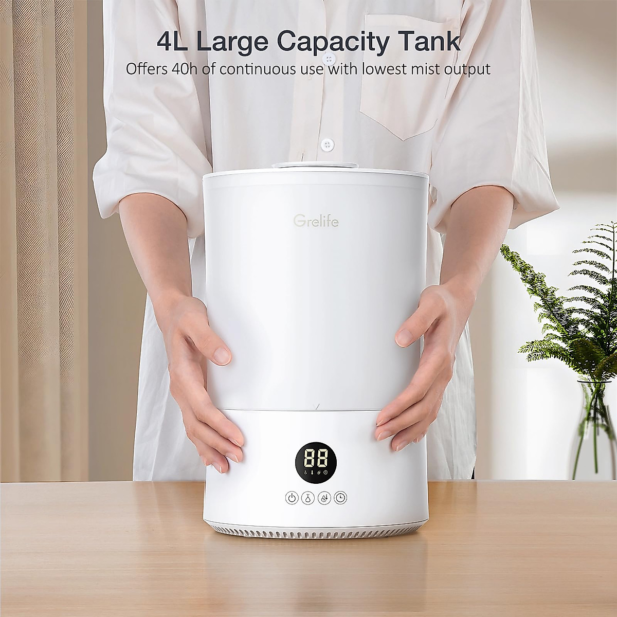 Grelife Humidifiers for Bedroom, 4L Top Fill Cool Mist Humidifier with Night Light, Quiet, Humidistat, Auto Shut-Off, Timer, Easy Clean, Ultrasonic Air Humidifier for Home, Baby Nursery & Plants